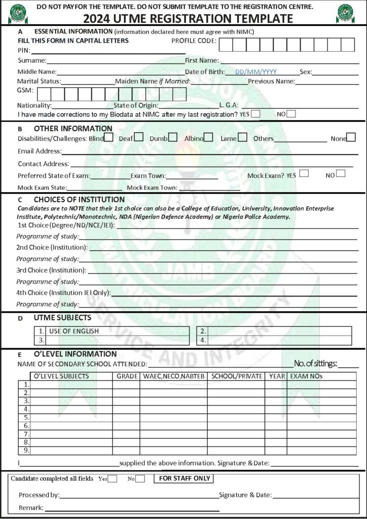 JAMB UTME Registration Template 2024/2025 - UTME2024 JAMB UTME Registration Template 2024/2025 - UTME2024